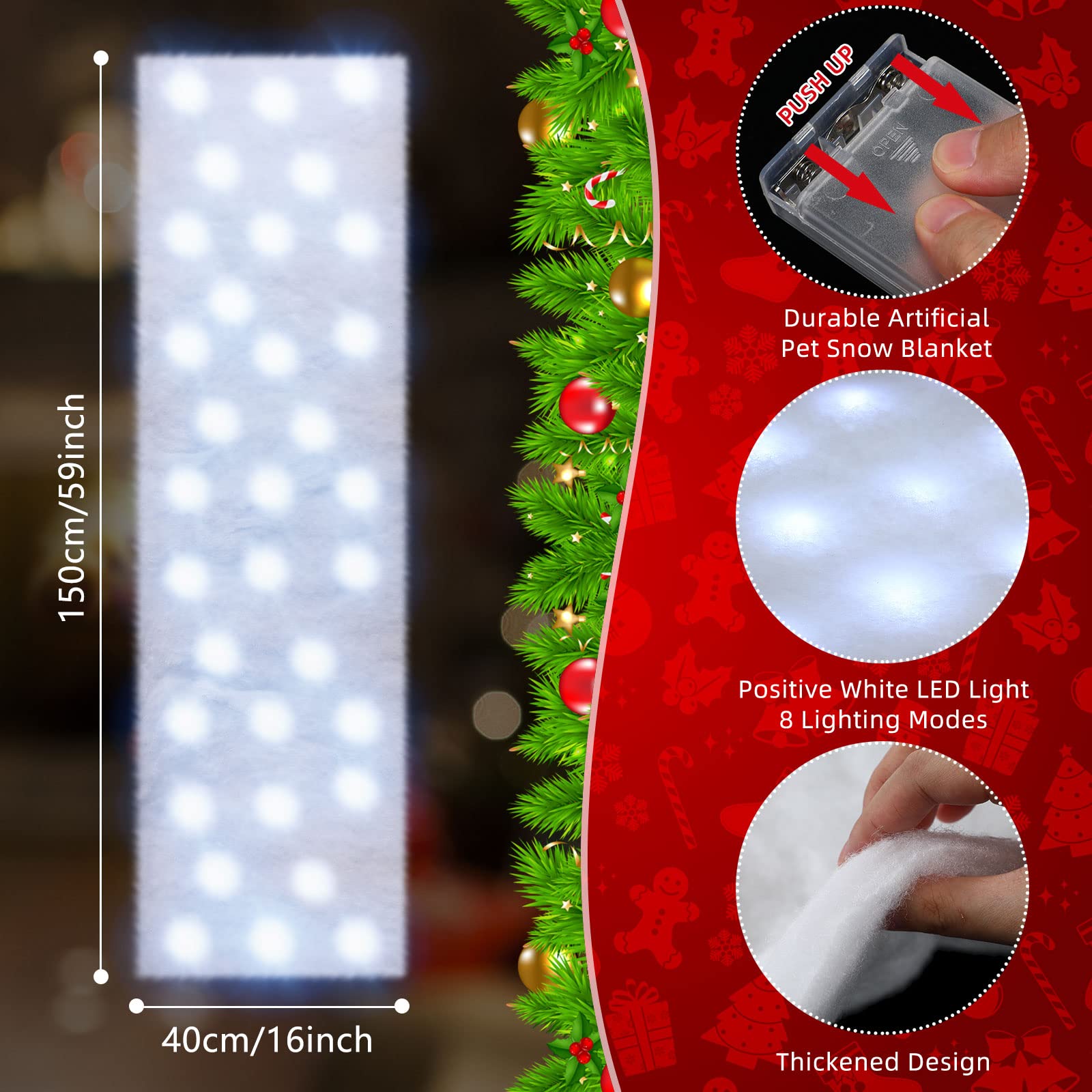 Kittmip 4 Pcs Pre Lit Christmas Snow Blanket with LED Lights Holiday Lighted Table Runner Christmas Village Accessories LED Fake Snow Decoration for Village Display, 59 x 16 (White)