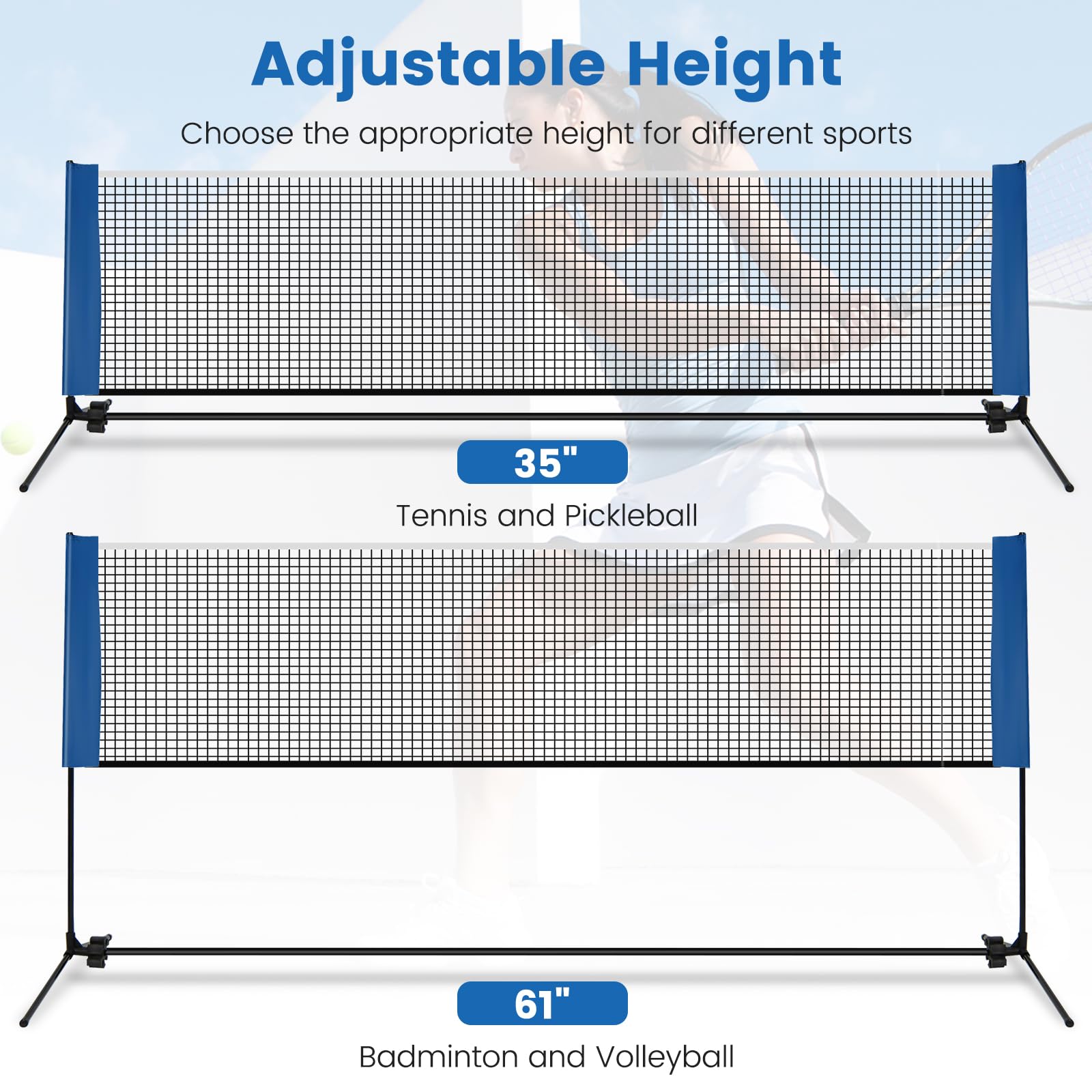 GYMAX Badminton Net, Height Adjustable Tennis Net Set w/Poles, 2 Birdies & Carry Bag, Easy Setup Pickleball Net Sports Net,Portable Volleyball Net for Indoor & Outdoor Game Beach, Backyard (13.8 FT)