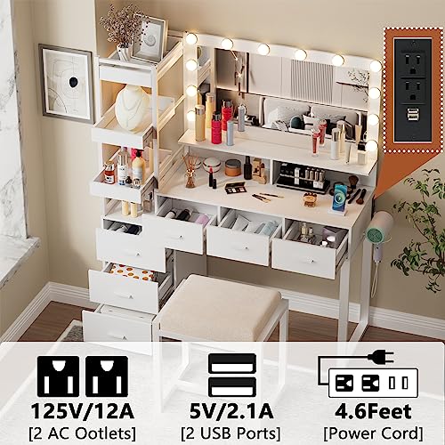 PAKASEPT Makeup Vanity Desk with Mirror and Lights, Vanity Desk with Charging Station, Drawers, Movable Shelves for Makeup, Modern Vanity Table Set with Vanity Stool for Bedroom, White