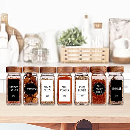 Churboro 36 Spice Jars with 547 Labels - Glass Spice Jars with Shaker Lids - 4 Oz Square Spice Containers with Acacia Wood Lids, Chalk Pen, Funnel Seasoning Jars for Spice Rack, Cabinet, or Drawer
