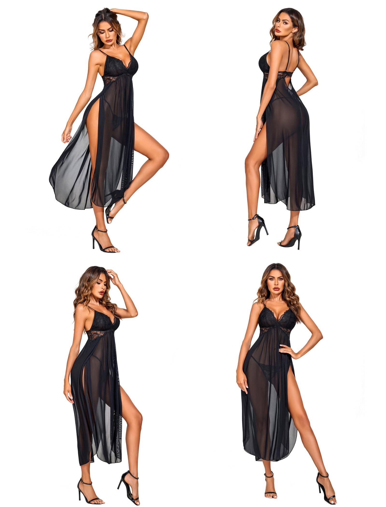 Avidlove Women's Lace Mesh Babydoll Split Long Lingerie Dress Chemise Black