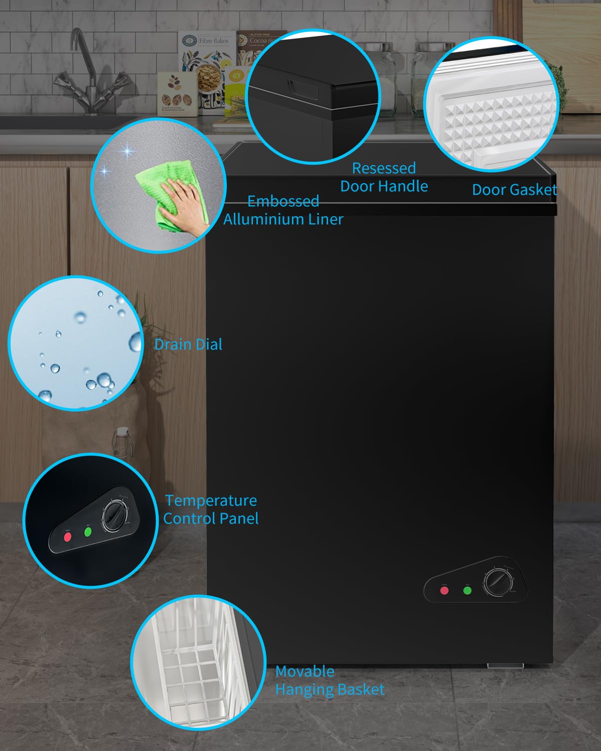 TABU Chest Freezer, 4.2 Cu Ft Deep Freezer with Removable Storage Basket, Black Top Open Door Freezer with 7 Level Adjustable Temperature, Compact Freezer with Top Open Door (Black)