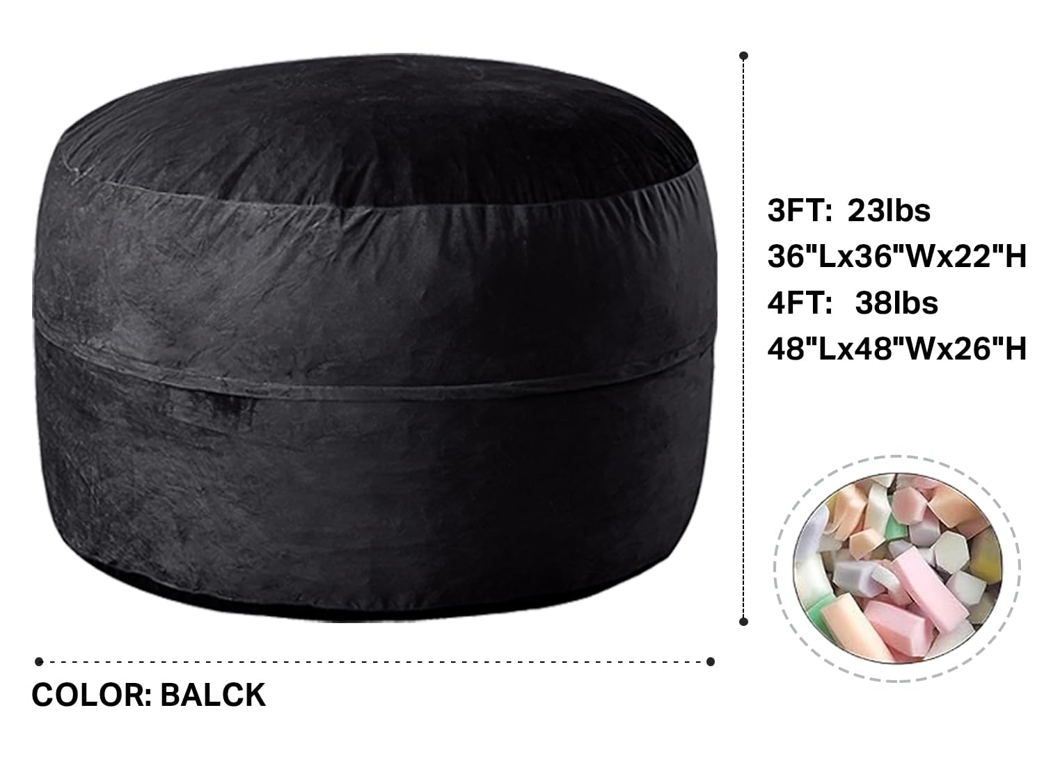 WhatsBedding Bean Bag Chairs for Adults Filled with Memory Foam, Large Bean Bag Sofa, Furniture Bag with Soft Dutch Velvet Cover,Black, 3 FT