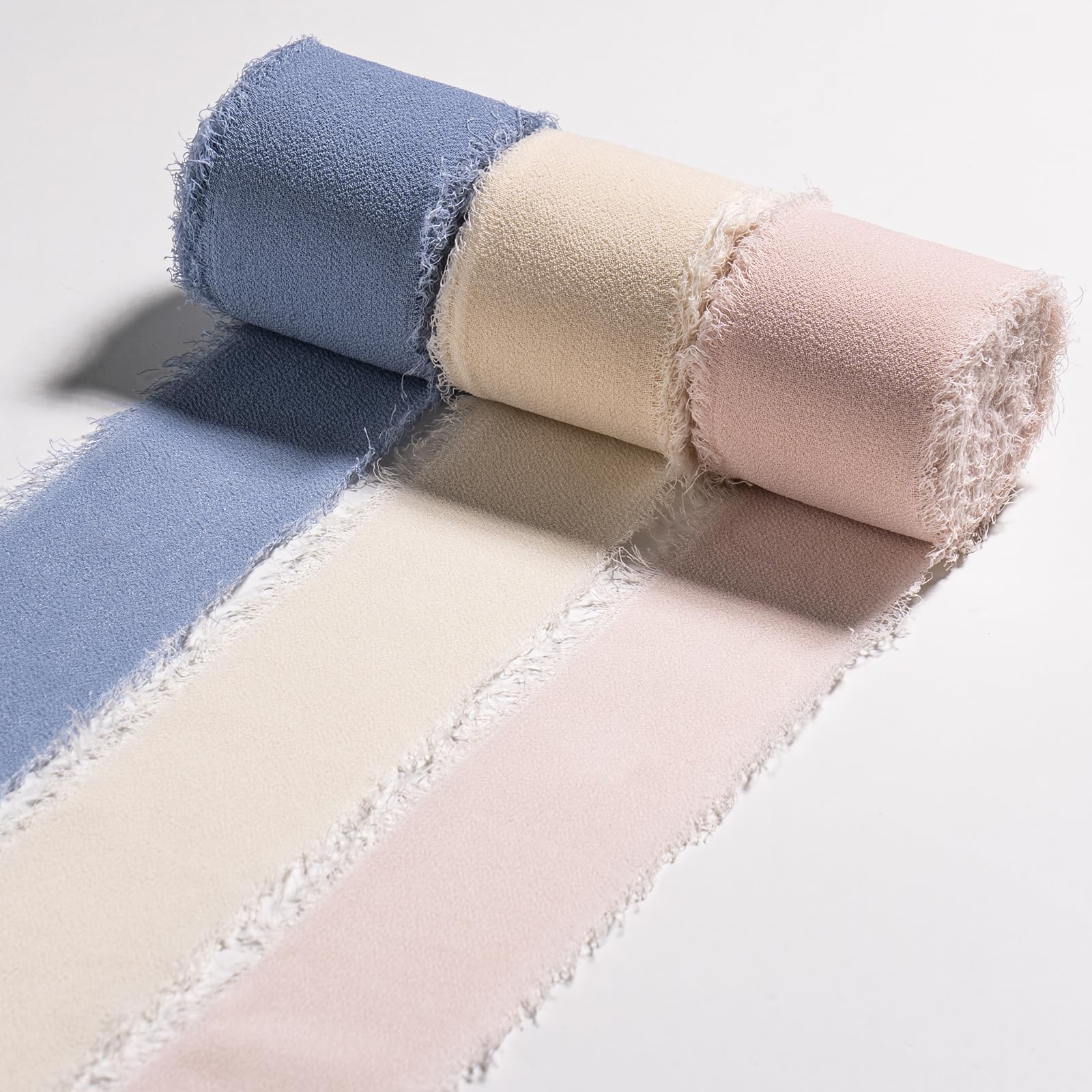 Chiffon Ribbon, 3 Rolls 21 Yards Champagne Handmade Fringe Chiffon Silk Ribbon 1.5" x 7Yd Ribbons Set for Wedding Invitations, Bridal Bouquets, Gifts Wrapping, DIY Crafts