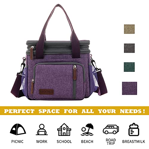 Geochlo Insulated Lunch Bag for Women Men, Lunch Box Leakproof Cooler Tote with Shoulder Strap for Work Picnic School (Purple)