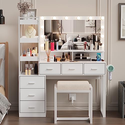 PAKASEPT Makeup Vanity Desk with Mirror and Lights, Vanity Desk with Charging Station, Drawers, Movable Shelves for Makeup, Modern Vanity Table Set with Vanity Stool for Bedroom, White