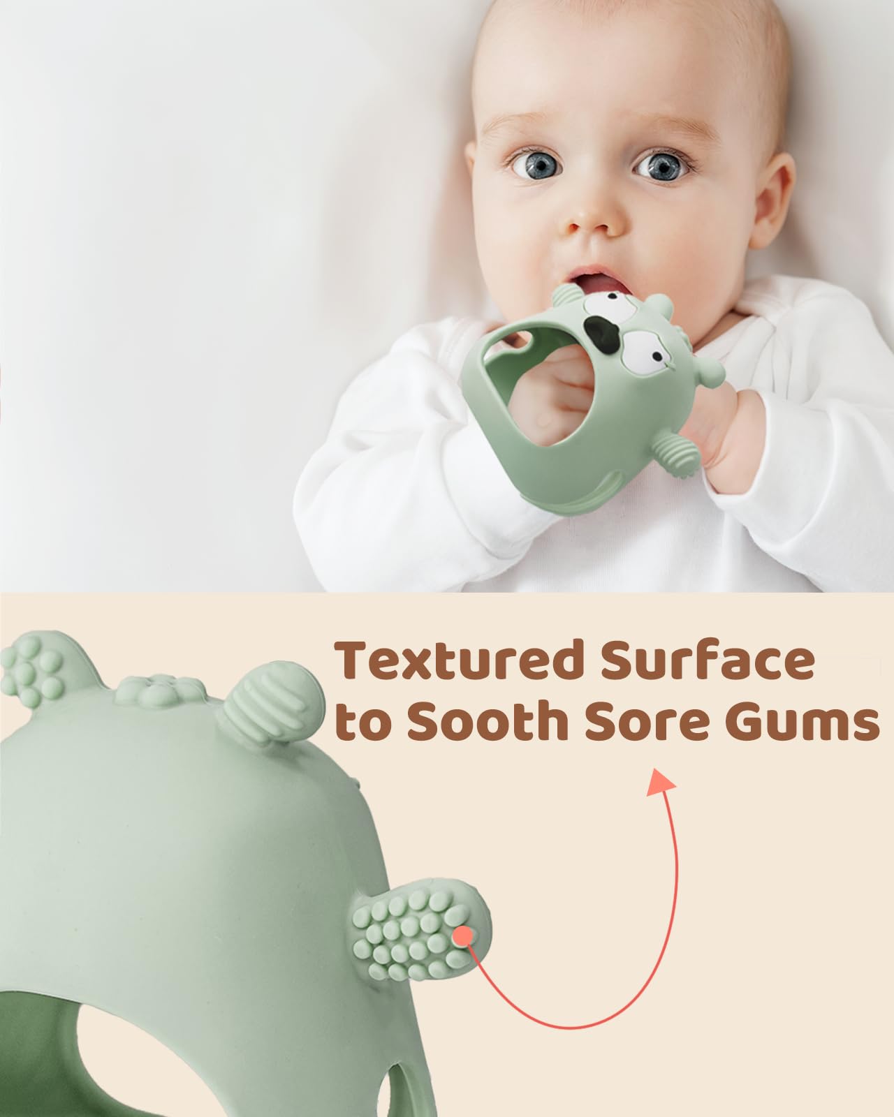 Baby Teething Toy Silicone Teething Mitten for Babies Over 3 Months Anti Dropping Wrist Hand Teethers Baby Chew Toys for Sucking Needs, BPA Free (Olive)