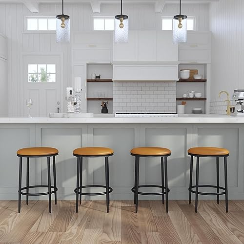 HomePop Upholstered Metal Barstool, Fabric Side Chairs for Dining Room, Kitchen and Living Room - Carmel Brown Faux Leather