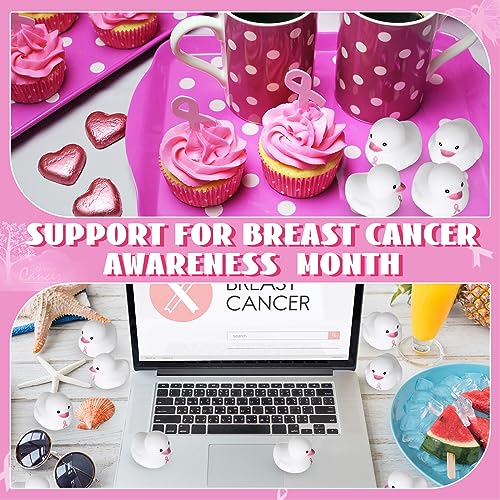 Libima 2 Inch Breast Cancer Awareness Rubber Ducks Bulk White Float Rubber Ducks Mini Rubber Ducks Bath Toy for Bath Baby Shower Birthday Gifts Breast Cancer Party Favors (48 Pcs)