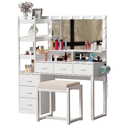 PAKASEPT Makeup Vanity Desk with Mirror and Lights, Vanity Desk with Charging Station, Drawers, Movable Shelves for Makeup, Modern Vanity Table Set with Vanity Stool for Bedroom, White