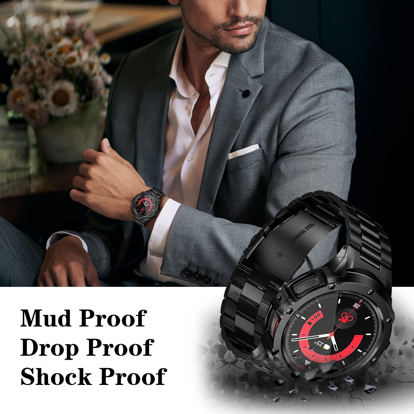 SUPLINK Stainless Steel Case and Band Compatible with Samsung Galaxy Watch 6/5/4 44mm, Rugged Galaxy Watch Case Strap for Men, Black