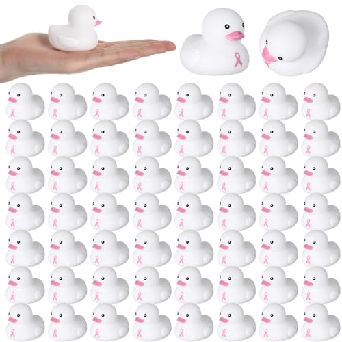Libima 2 Inch Breast Cancer Awareness Rubber Ducks Bulk White Float Rubber Ducks Mini Rubber Ducks Bath Toy for Bath Baby Shower Birthday Gifts Breast Cancer Party Favors (48 Pcs)