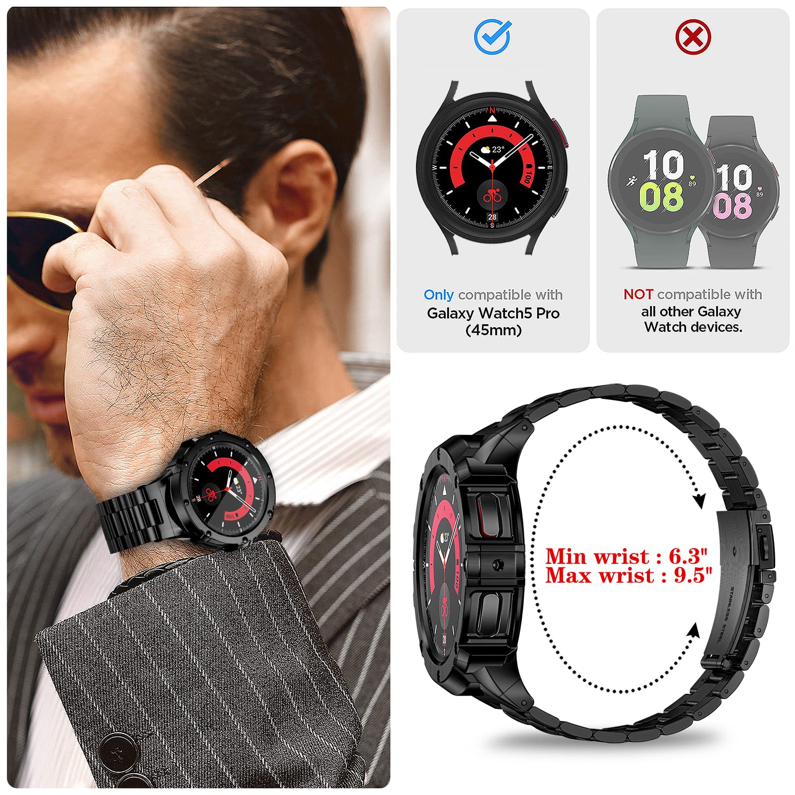 SUPLINK Stainless Steel Case and Band Compatible with Samsung Galaxy Watch 6/5/4 44mm, Rugged Galaxy Watch Case Strap for Men, Black