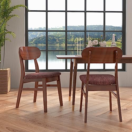 Giantex Wooden Dining Chairs Set of 2 Walnut, Farmhouse Kitchen Chairs with Padded Seat, Rubber Wood Frame, Armless Mid-Century Dining Room Chair with Curved Back, Walnut