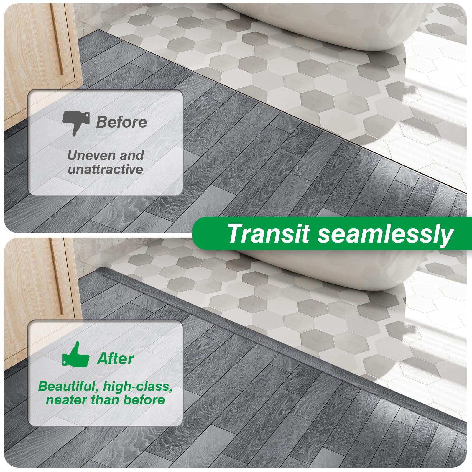 10FT Self Adhesive Vinyl Floor Transition Strip - Linoleum Peel and Stick Laminate Flooring Edge Trim for Joining Floor Carpet Tiles in Bathroom, Bedroom, Kitchen, etc. (1.57IN, Gray)