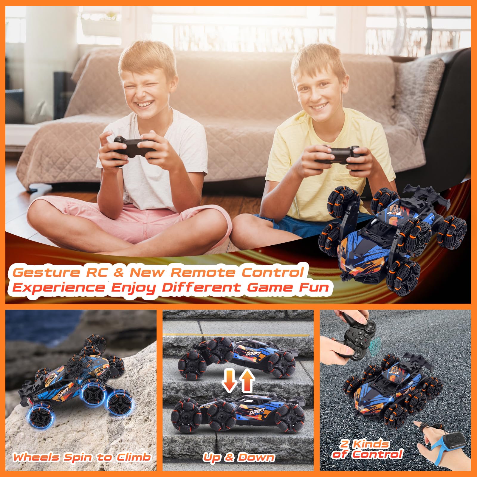 Gesture Sensing Rc Stunt Car With Light & Music, 2.4GHz Drift Stunt Remote Control Cars, 6WD Double Sided 360° Rotating Transform Off Road RC Stunt Car, Toy Car for 6-12 Year Old Boys & Girls