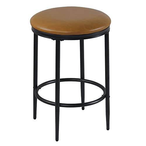 HomePop Upholstered Metal Barstool, Fabric Side Chairs for Dining Room, Kitchen and Living Room - Carmel Brown Faux Leather
