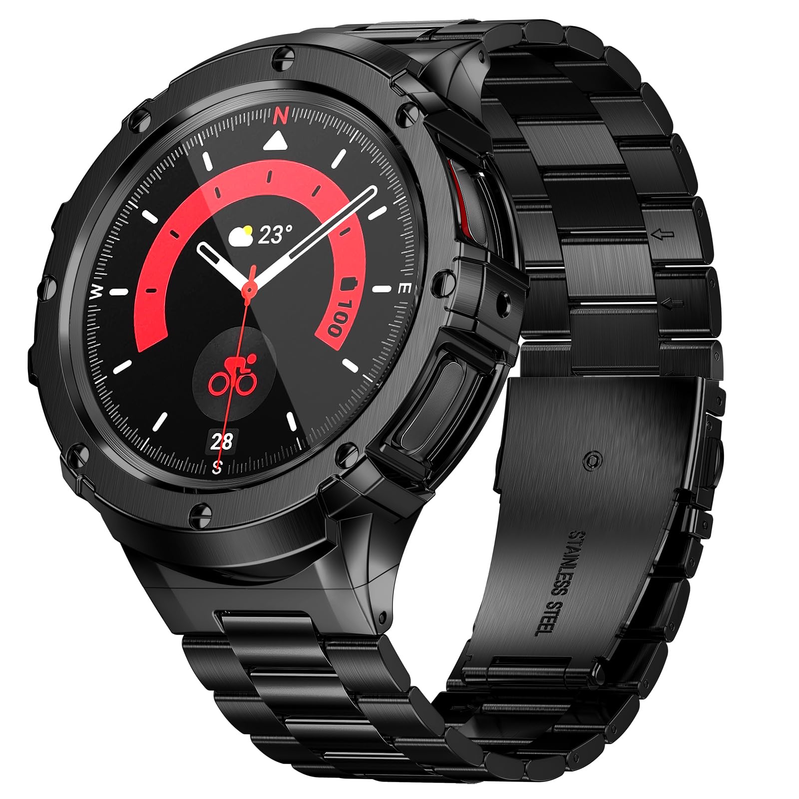 SUPLINK Stainless Steel Case and Band Compatible with Samsung Galaxy Watch 6/5/4 44mm, Rugged Galaxy Watch Case Strap for Men, Black