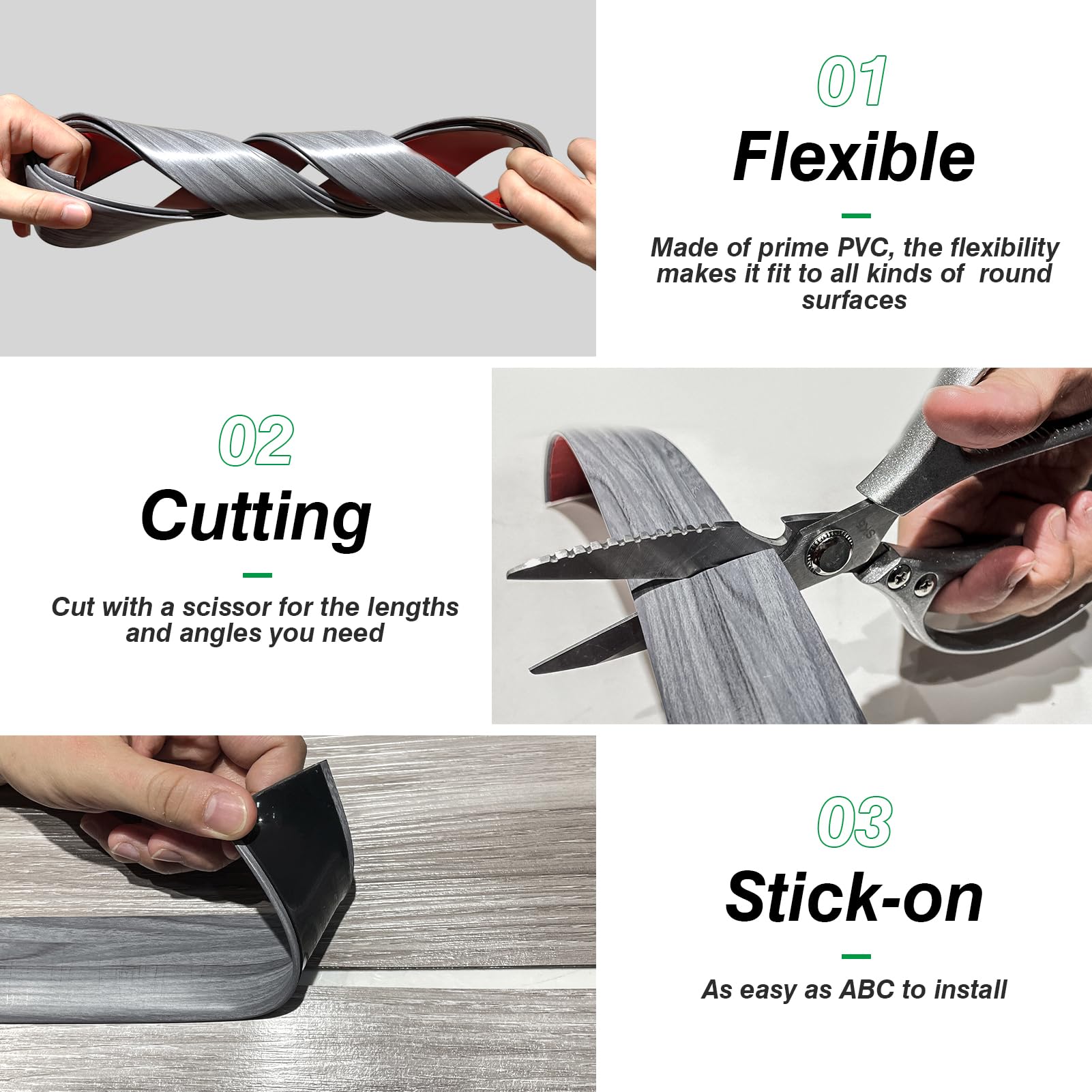 10FT Self Adhesive Vinyl Floor Transition Strip - Linoleum Peel and Stick Laminate Flooring Edge Trim for Joining Floor Carpet Tiles in Bathroom, Bedroom, Kitchen, etc. (1.57IN, Gray)