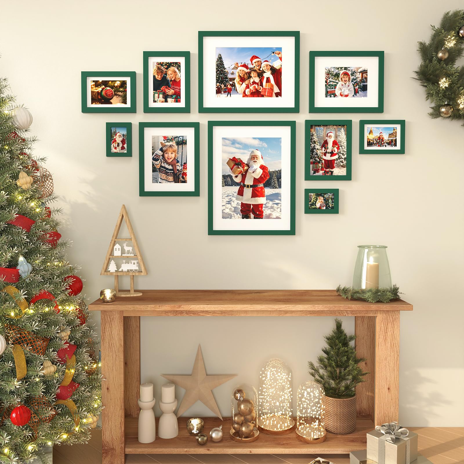 KINLINK 11x14 Picture Frame Green, Solid Wood Frames with Acrylic Plexiglass for Pictures 5x7/8x10 with Mat or 11x14 without Mat, Tabletop and Wall Mounting Display, Set of 4