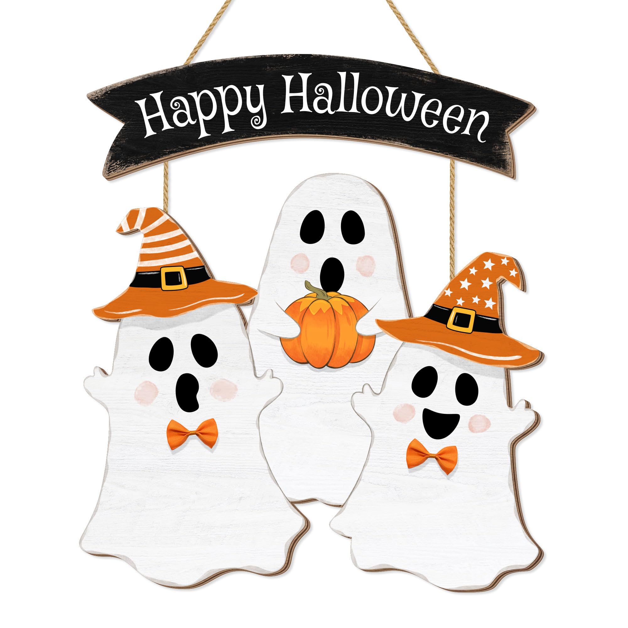Halloween Ghost Door Sign BOO Decorations, Happy Halloween Wooden Ghost Hanging Sign for Front Door Hanger Wreath Decor, Halloween Pumpkin Indoor Outdoor Yard Wall Halloween Party Decorations