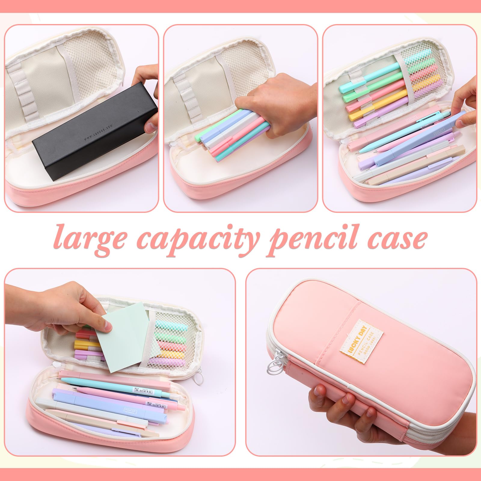 Lincia 30 Pcs Aesthetic School Supplies 6 Cute Mechanical Pencil 5 Colored Ballpoint Pen 5 Quick Dry Pen 6 Pastel Highlighter 6 Transparent Sticky Note Sticky Index Tab Pencil Case for Office(Pink)
