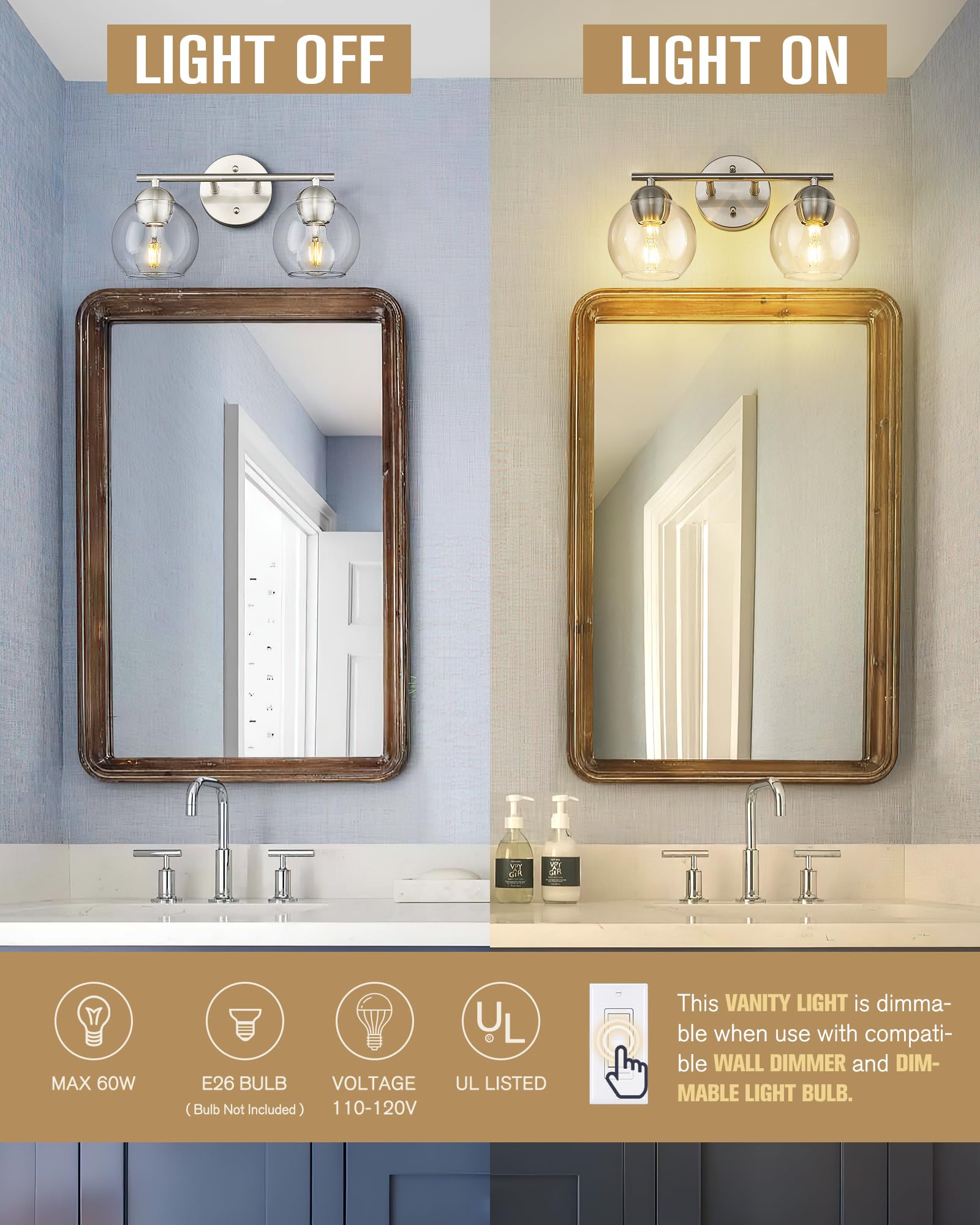 Emak Brushed Nickel Vanity Lights, 2-Light Bathroom Light Fixtures with Clear Glass Shade, Modern Globe Vanity Light for Bathroom, VL114-BN-2