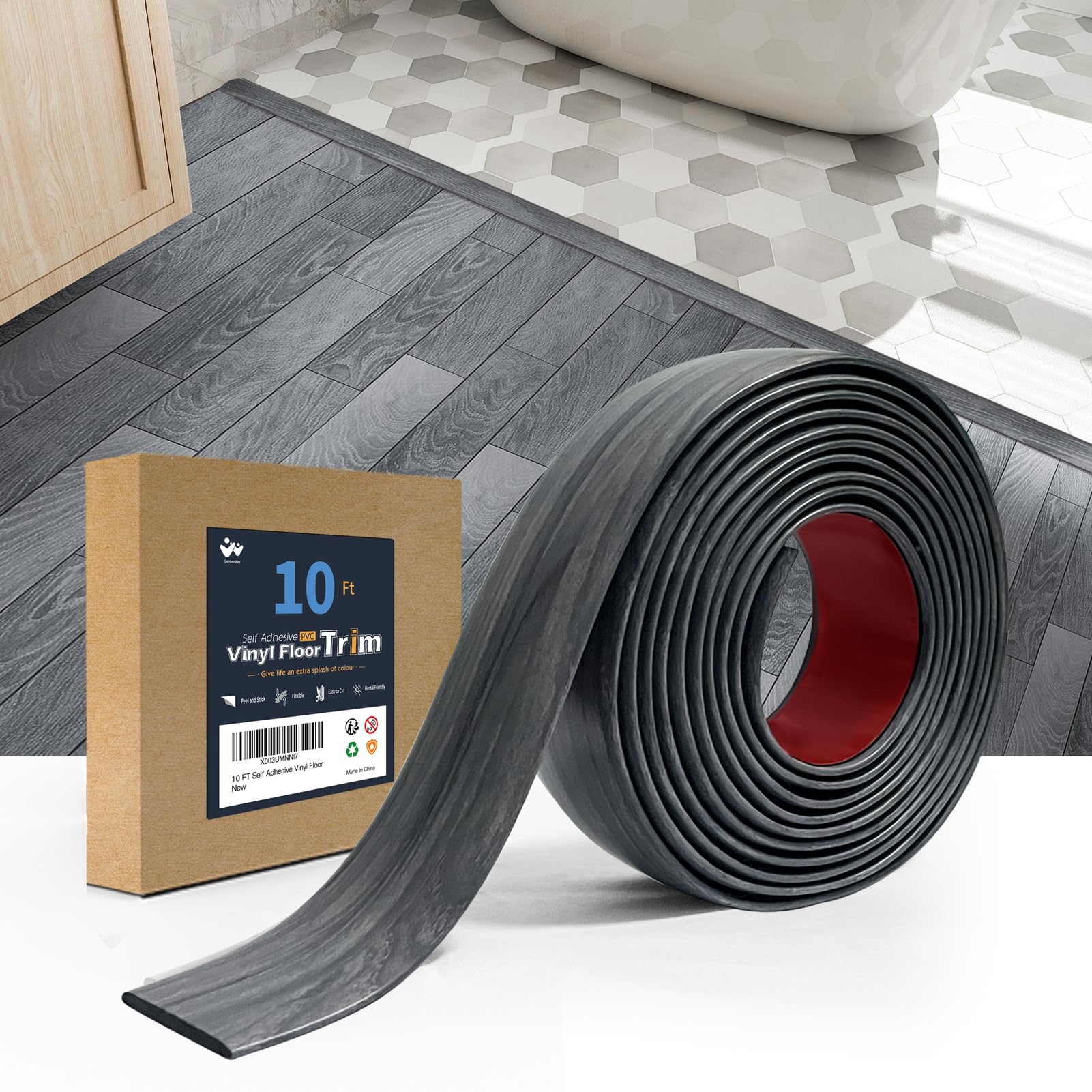 10FT Self Adhesive Vinyl Floor Transition Strip - Linoleum Peel and Stick Laminate Flooring Edge Trim for Joining Floor Carpet Tiles in Bathroom, Bedroom, Kitchen, etc. (1.57IN, Gray)