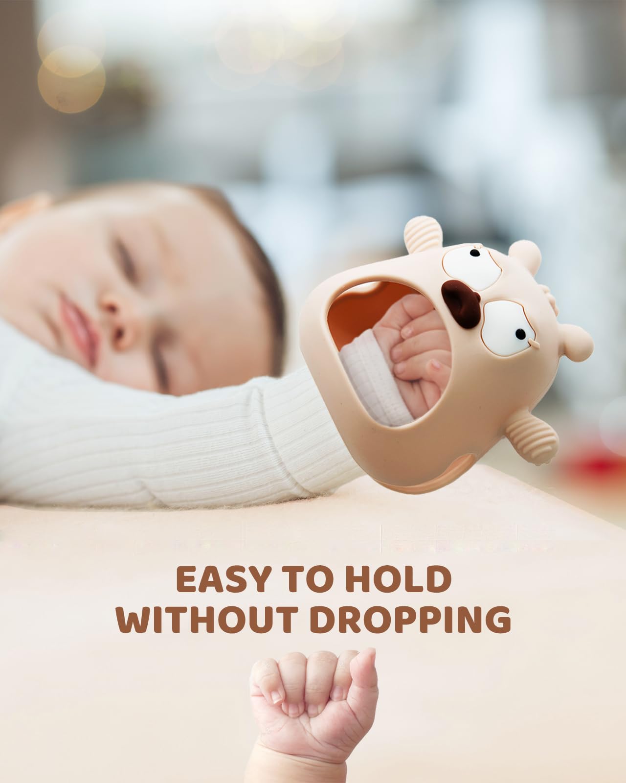 Baby Teething Toy Silicone Teething Mitten for Babies Over 3 Months Anti Dropping Wrist Hand Teethers Baby Chew Toys for Sucking Needs, BPA Free (Caramel)