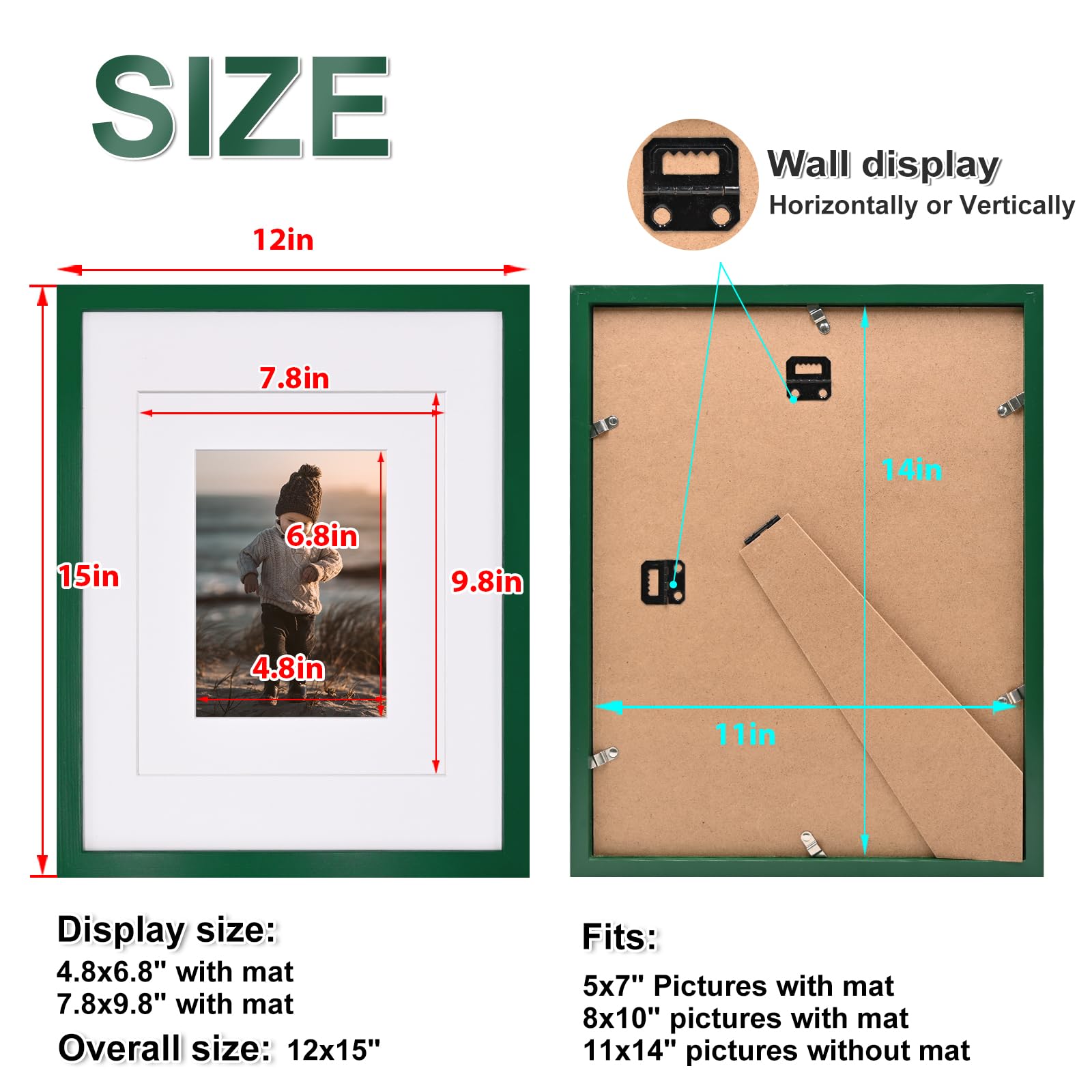 KINLINK 11x14 Picture Frame Green, Solid Wood Frames with Acrylic Plexiglass for Pictures 5x7/8x10 with Mat or 11x14 without Mat, Tabletop and Wall Mounting Display, Set of 4