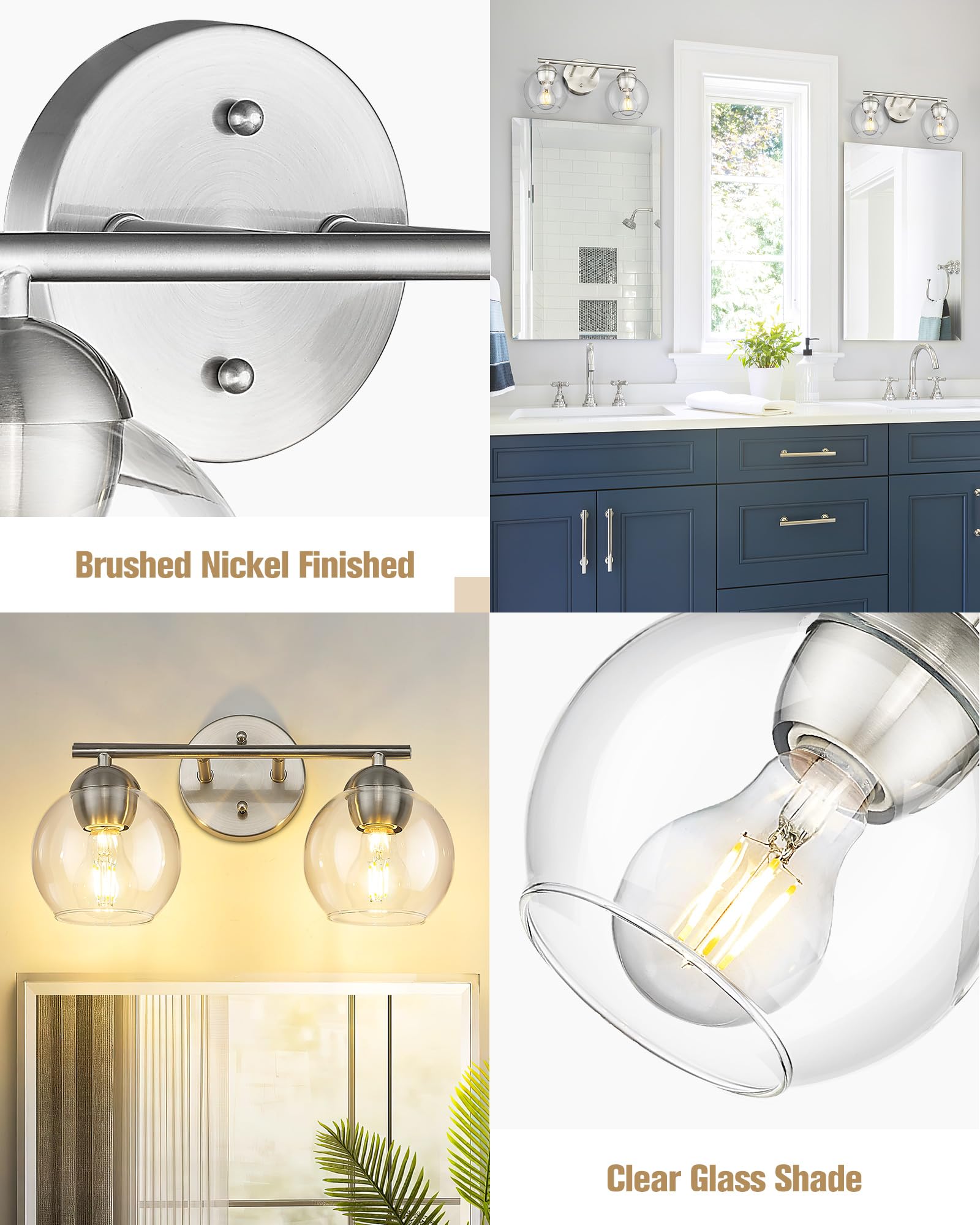 Emak Brushed Nickel Vanity Lights, 2-Light Bathroom Light Fixtures with Clear Glass Shade, Modern Globe Vanity Light for Bathroom, VL114-BN-2