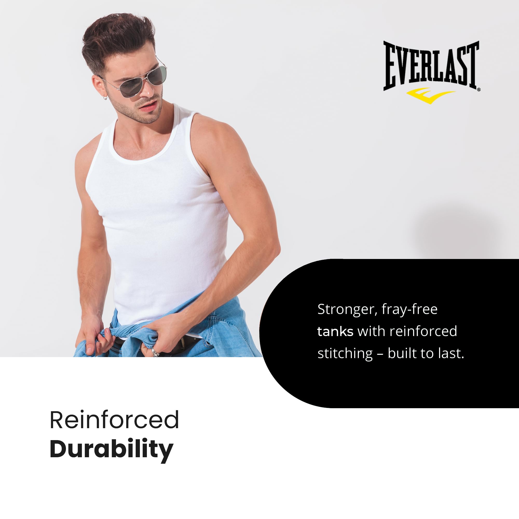 Everlast 6-Pack Men's Essential Tank Tops, Undershirts – Breathable, Tagless, Cotton Mens T Shirt – T Shirts for Men Pack (L, White)