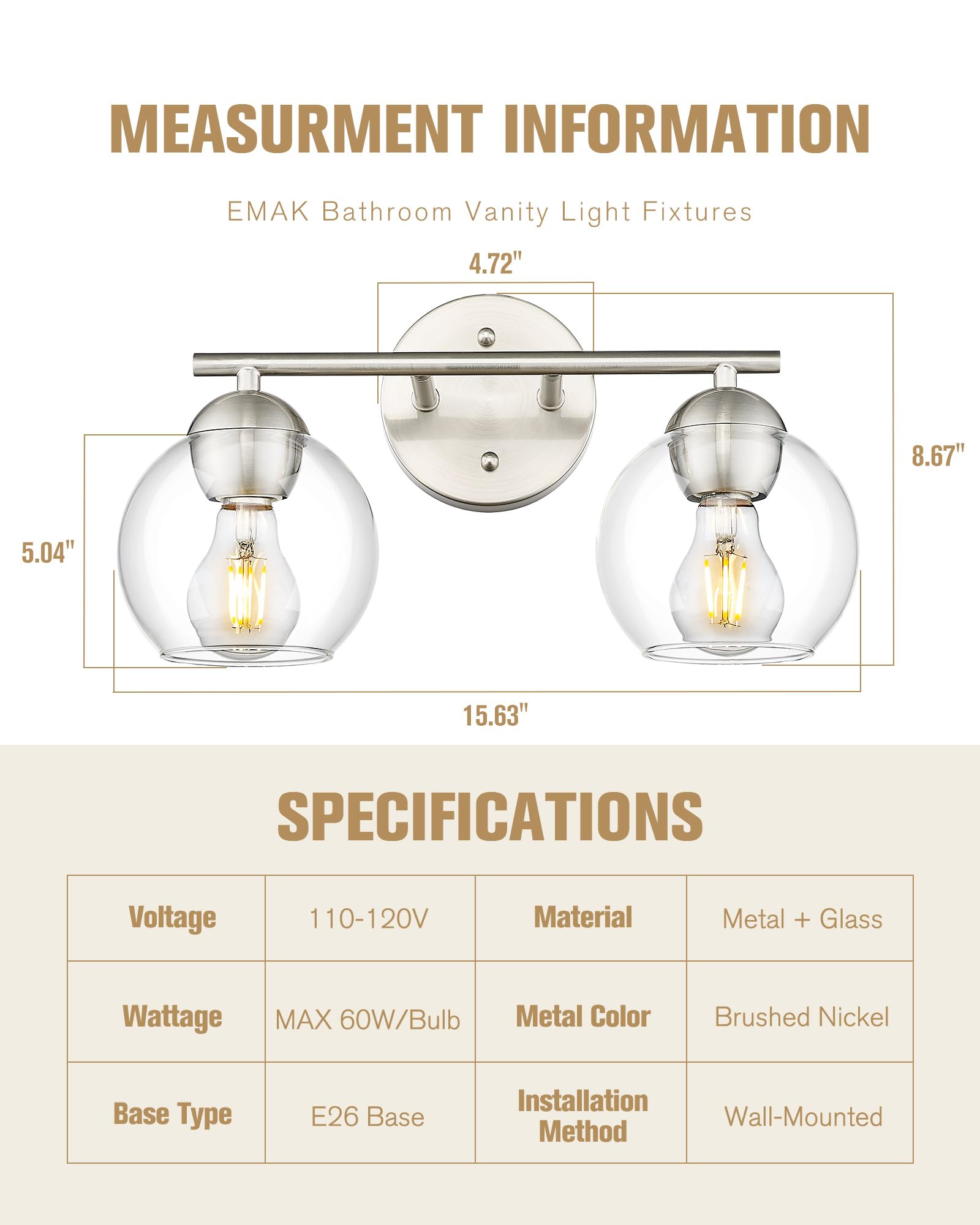 Emak Brushed Nickel Vanity Lights, 2-Light Bathroom Light Fixtures with Clear Glass Shade, Modern Globe Vanity Light for Bathroom, VL114-BN-2