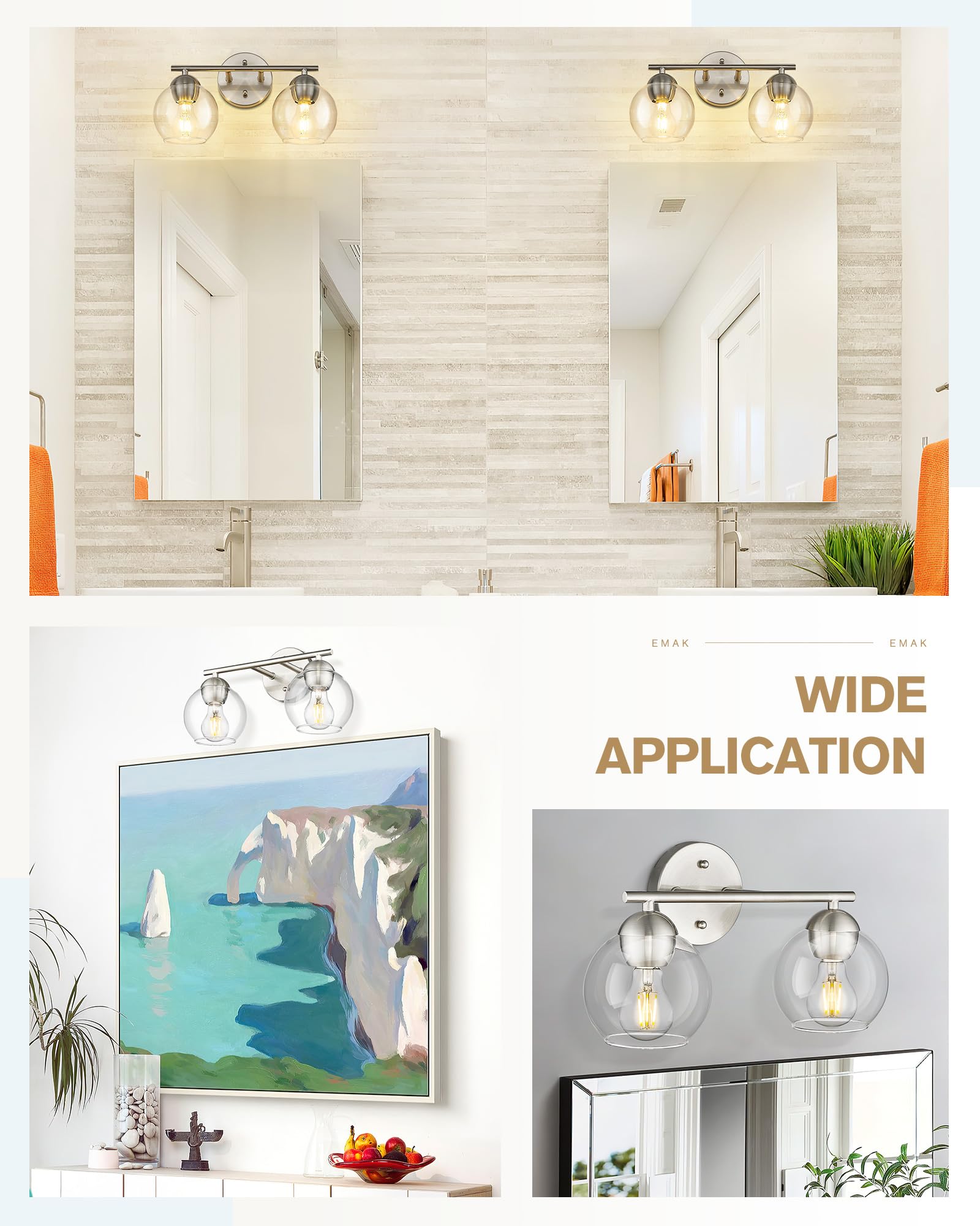 Emak Brushed Nickel Vanity Lights, 2-Light Bathroom Light Fixtures with Clear Glass Shade, Modern Globe Vanity Light for Bathroom, VL114-BN-2