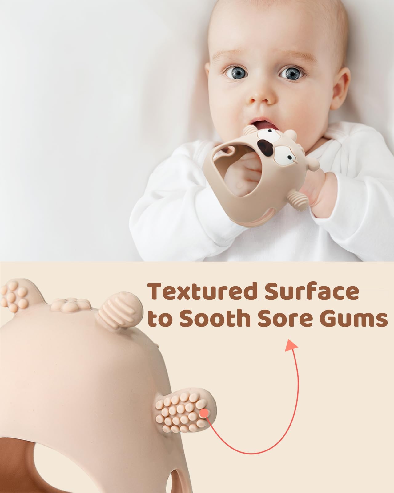 Baby Teething Toy Silicone Teething Mitten for Babies Over 3 Months Anti Dropping Wrist Hand Teethers Baby Chew Toys for Sucking Needs, BPA Free (Caramel)