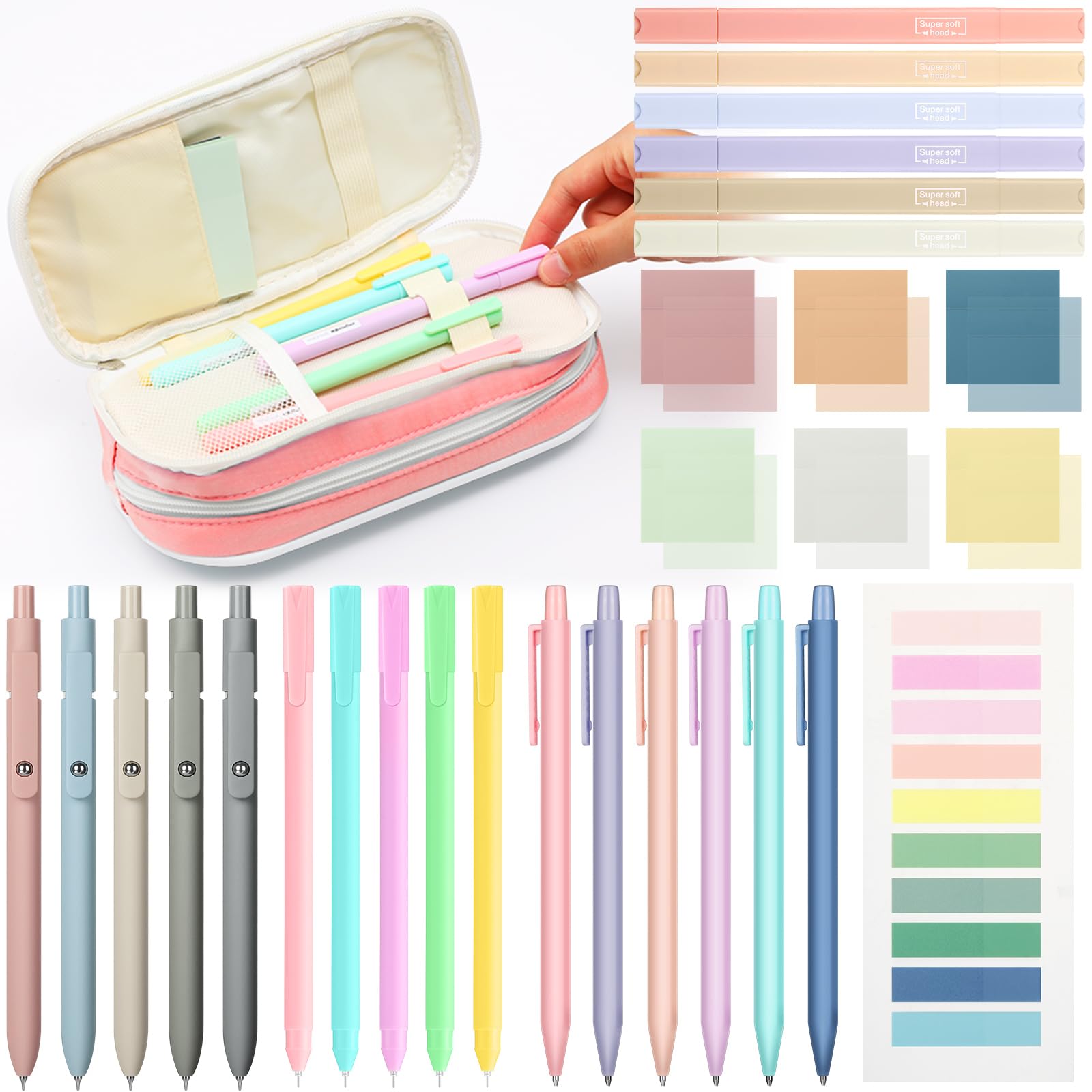 Lincia 30 Pcs Aesthetic School Supplies 6 Cute Mechanical Pencil 5 Colored Ballpoint Pen 5 Quick Dry Pen 6 Pastel Highlighter 6 Transparent Sticky Note Sticky Index Tab Pencil Case for Office(Pink)
