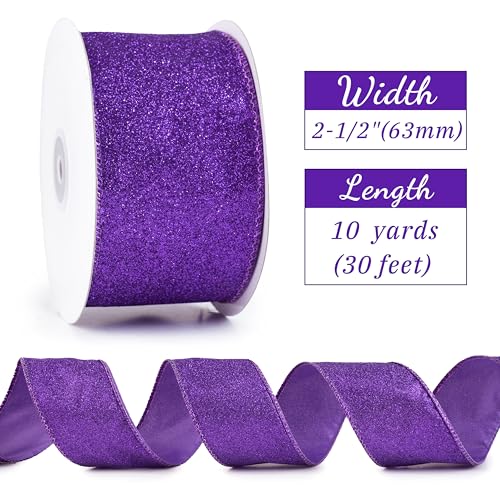 MAYREEL 2.5 Inch Purple Ribbon Wired Glitter for Halloween Christmas Decorations Gift Wrapping Wreath Supplies Tree Toppers Garland Crafts 10 Yards