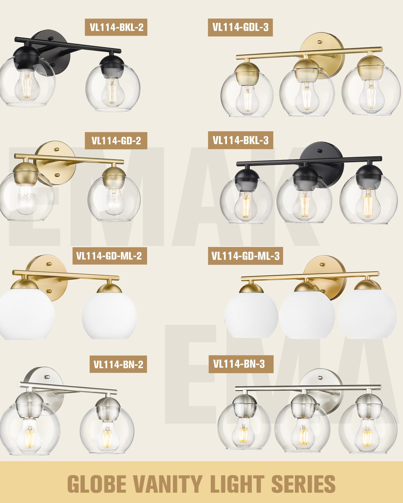 Emak Brushed Nickel Vanity Lights, 2-Light Bathroom Light Fixtures with Clear Glass Shade, Modern Globe Vanity Light for Bathroom, VL114-BN-2