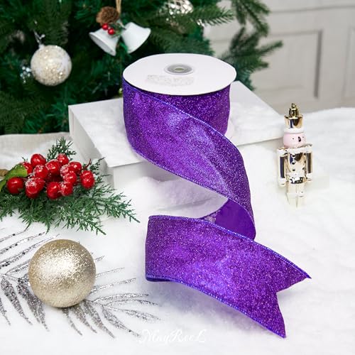 MAYREEL 2.5 Inch Purple Ribbon Wired Glitter for Halloween Christmas Decorations Gift Wrapping Wreath Supplies Tree Toppers Garland Crafts 10 Yards