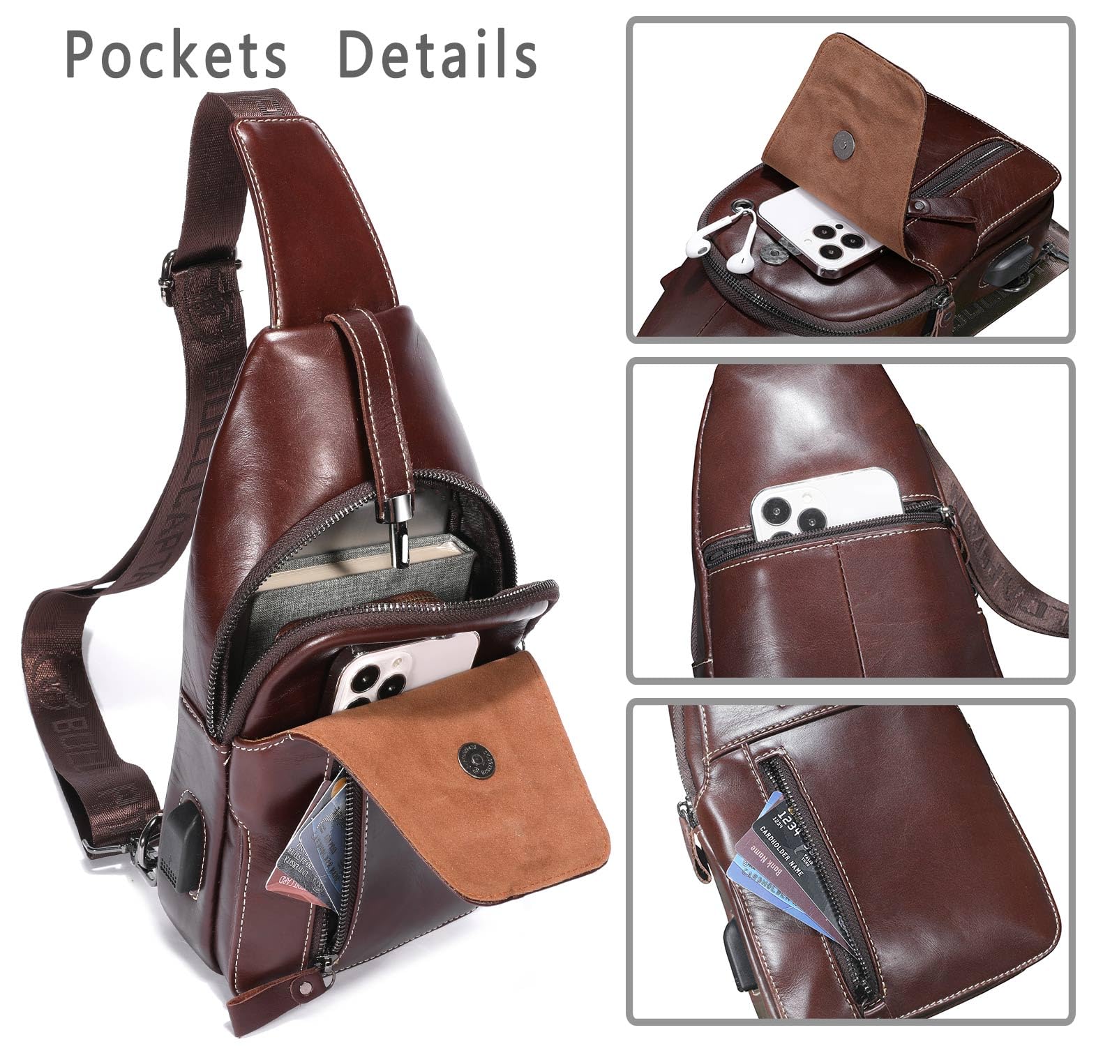 BULLCAPTAIN Genuine Leather Sling Bag Mens Crossbody Backpack for Hiking Casual Daypack Shoulder Chest Bag with USB Charging Port (Coffee)