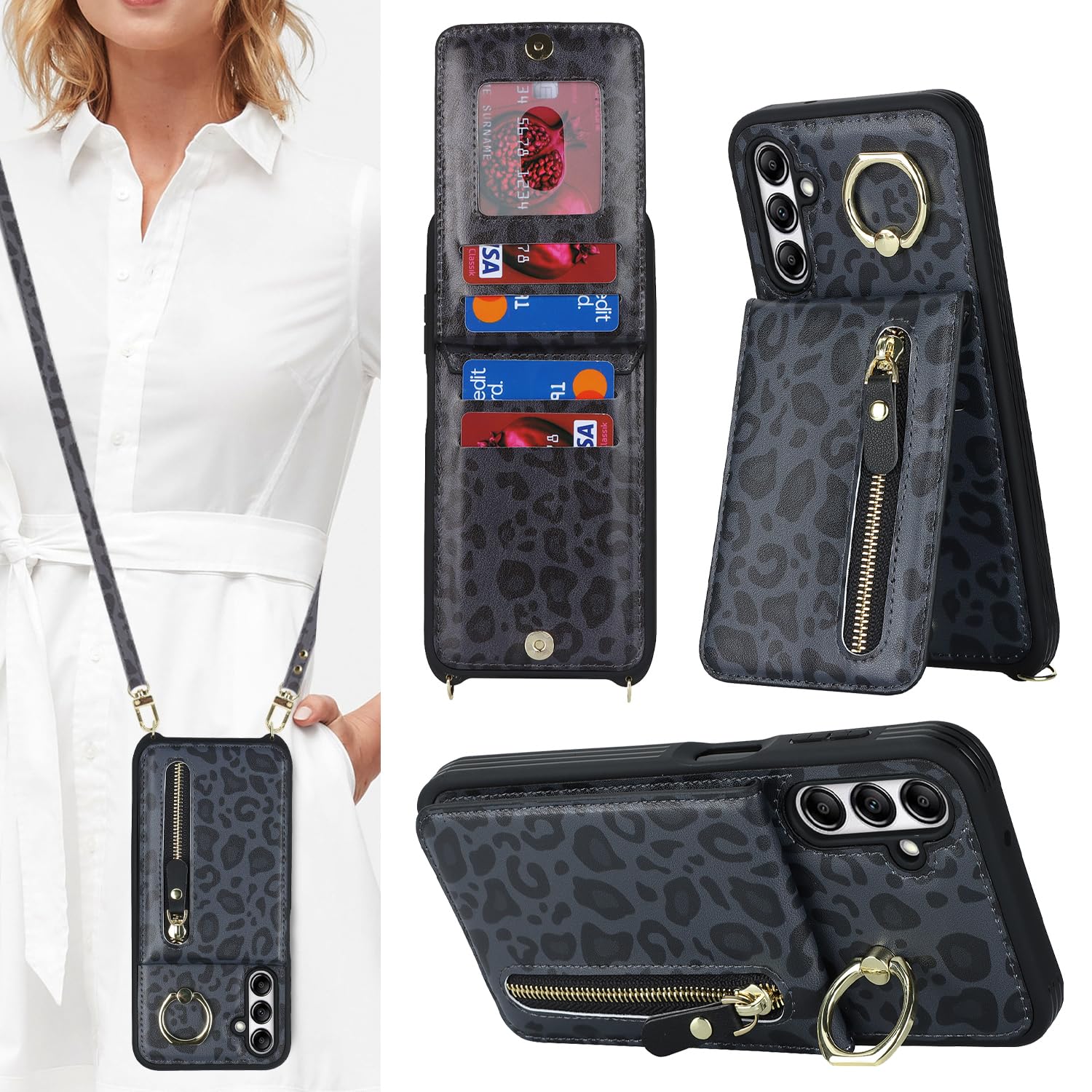 DEYHU for Samsung Galaxy A14 5G Case with Card Holder and Strap for Women,Crossbody Lanyard,Ring Stand,Snap Clasp,Phone Wallet Case - Black Leopard