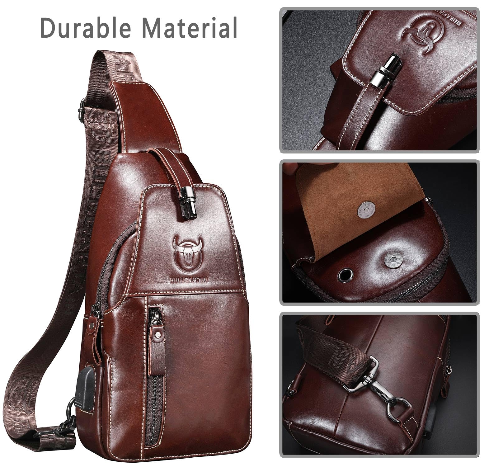 BULLCAPTAIN Genuine Leather Sling Bag Mens Crossbody Backpack for Hiking Casual Daypack Shoulder Chest Bag with USB Charging Port (Coffee)