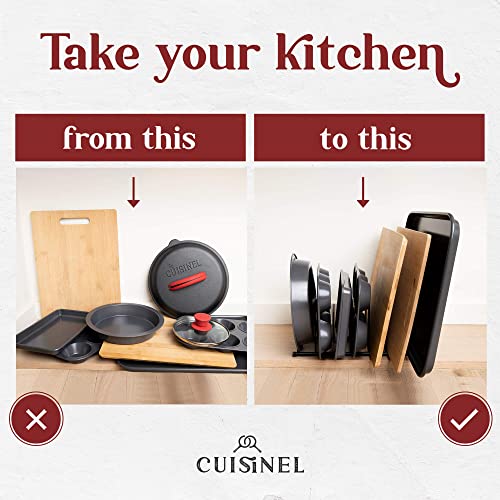 Lid and Dish Organizer Rack - Matte Black Kitchen Storage and Organization Stand - Plate Holder, Pan/Pot Covers, Cutting Board and Cookie Sheet Divider - 7-Tier Cabinet or Counter Display Organizers