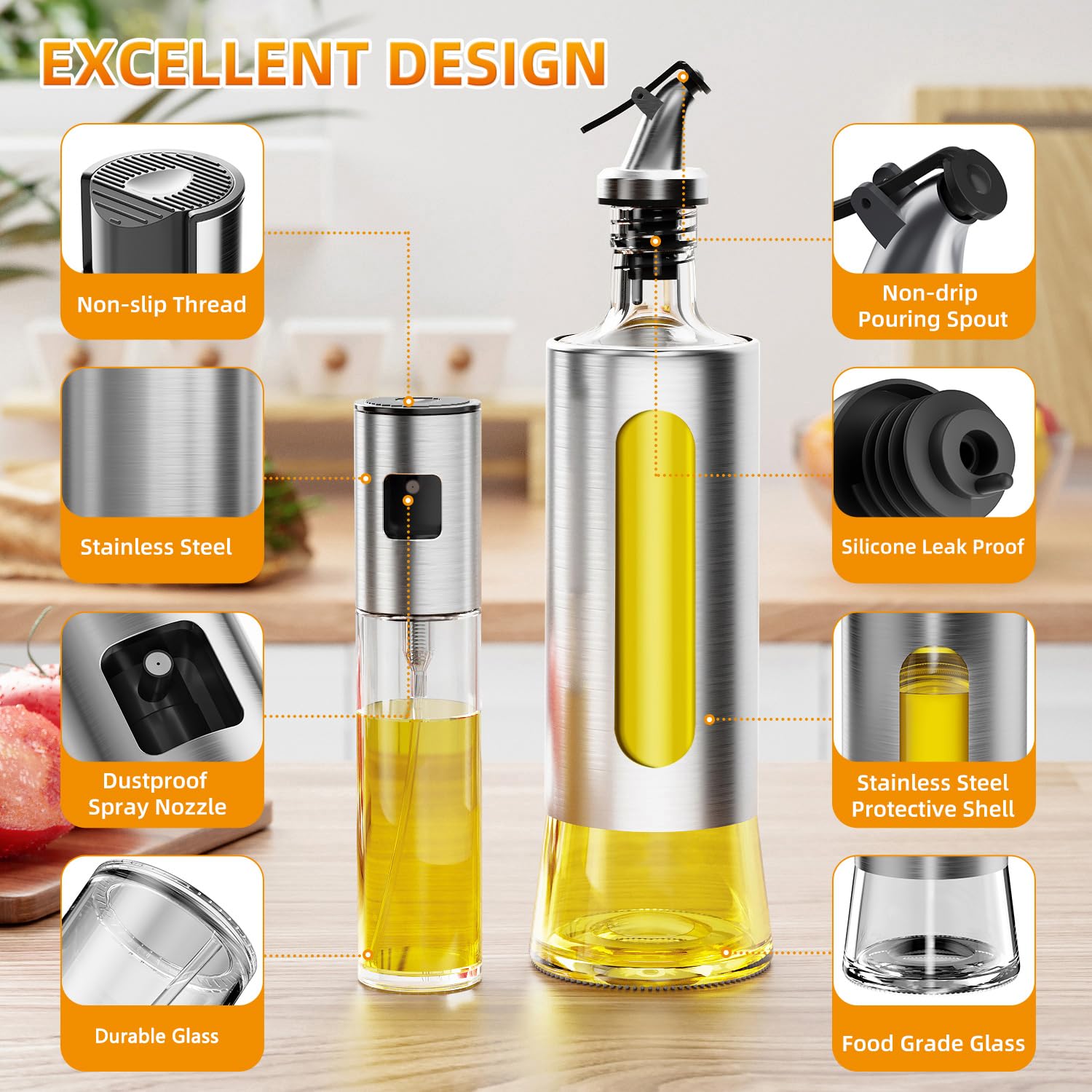 Kinkota Stainless Steel Olive Oil Dispenser Bottle and Sprayer Set, 17 OZ, 500 ML, 2 Count, Kitchen, Cooking
