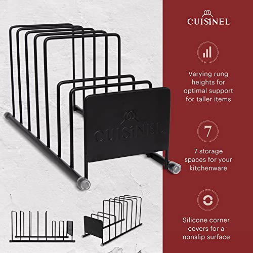 Lid and Dish Organizer Rack - Matte Black Kitchen Storage and Organization Stand - Plate Holder, Pan/Pot Covers, Cutting Board and Cookie Sheet Divider - 7-Tier Cabinet or Counter Display Organizers
