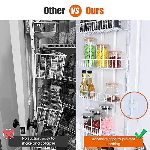 Judecude 6-Tier Over the Door Pantry Organizer, Hanging Storage Metal Rack with 6 Adjustable Medium Basket, Closet Organization Kitchen Spice Rack with Adhesive Clips, White
