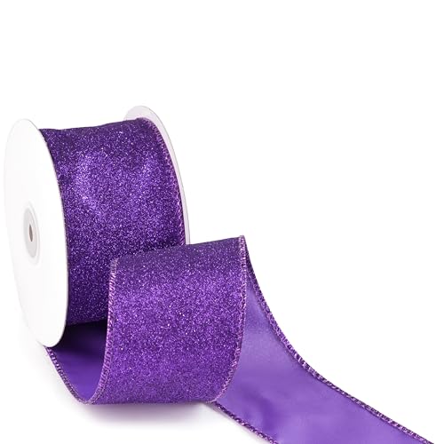 MAYREEL 2.5 Inch Purple Ribbon Wired Glitter for Halloween Christmas Decorations Gift Wrapping Wreath Supplies Tree Toppers Garland Crafts 10 Yards