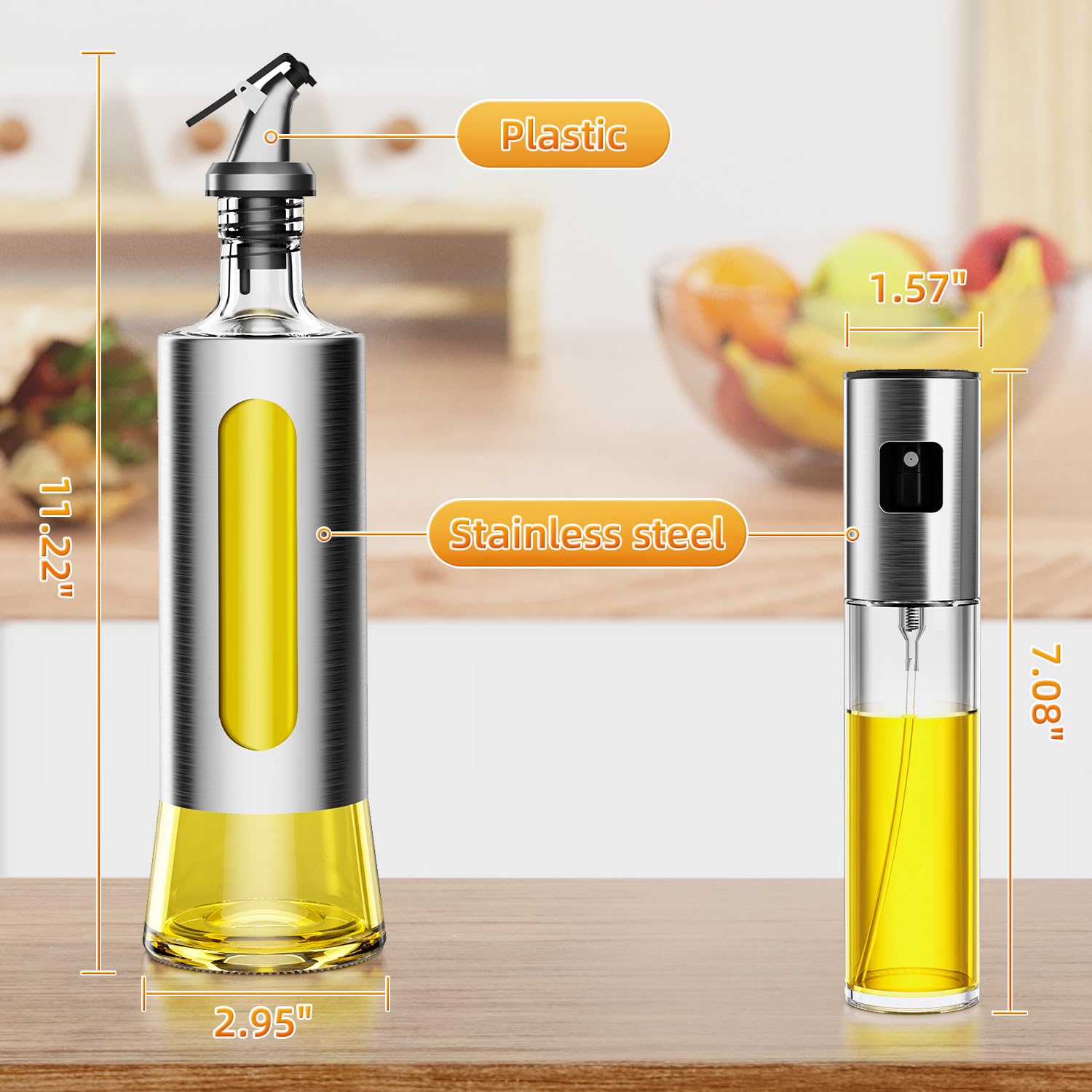 Kinkota Stainless Steel Olive Oil Dispenser Bottle and Sprayer Set, 17 OZ, 500 ML, 2 Count, Kitchen, Cooking