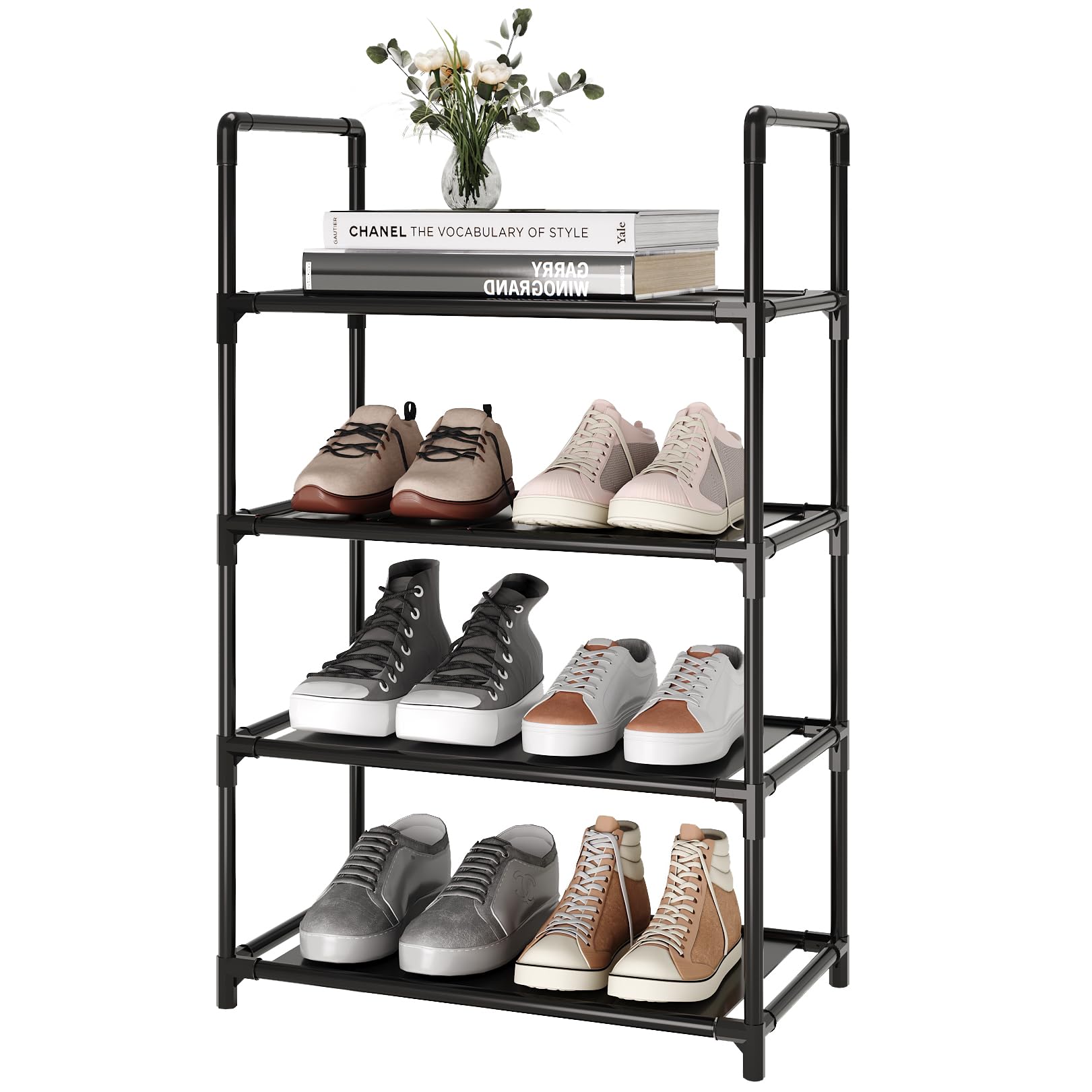 COAPUKT 4-Tier Small Shoe Rack, Narrow Kids Shoe Rack Stackable Organizer Storage,Sturdy Shoe Stand For Closet Entryway Hallway((4 Tiers-Black)