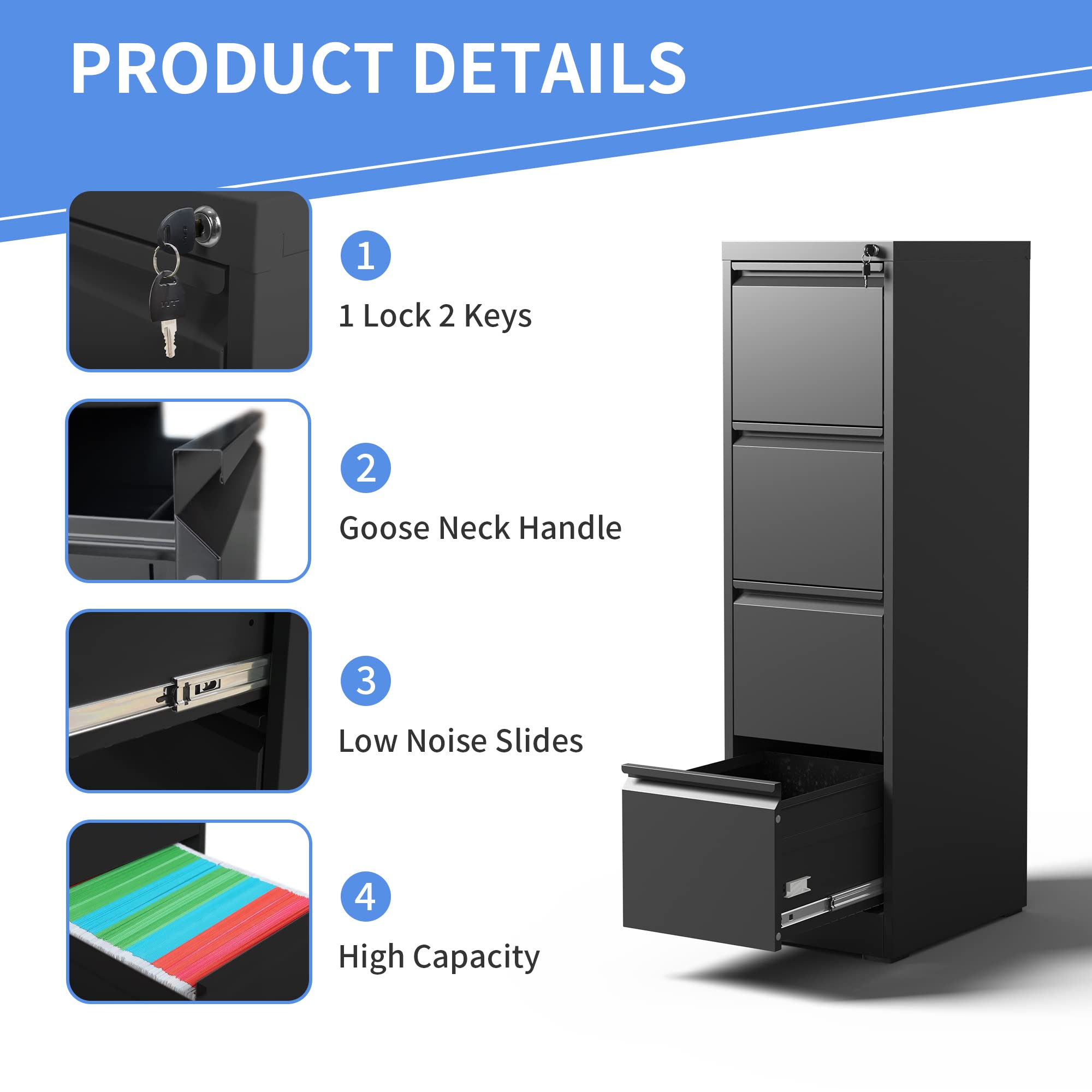 Yukimo 2 Drawer Lateral File Cabinet with Lock and 4 Drawer Filing Cabinet with Drawers, Black